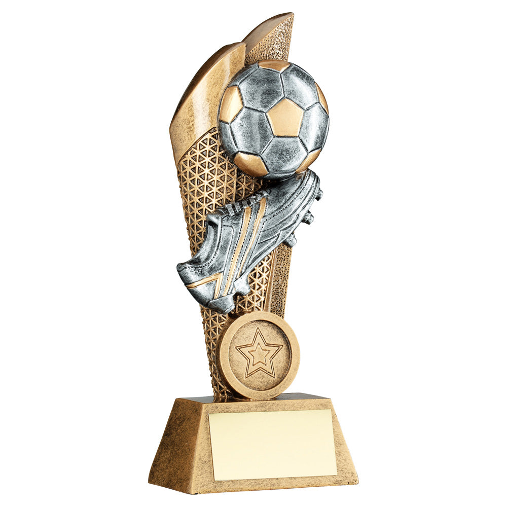 Bronze/Silver/Gold Football And Boot Trophy On Mesh Backdrop ...